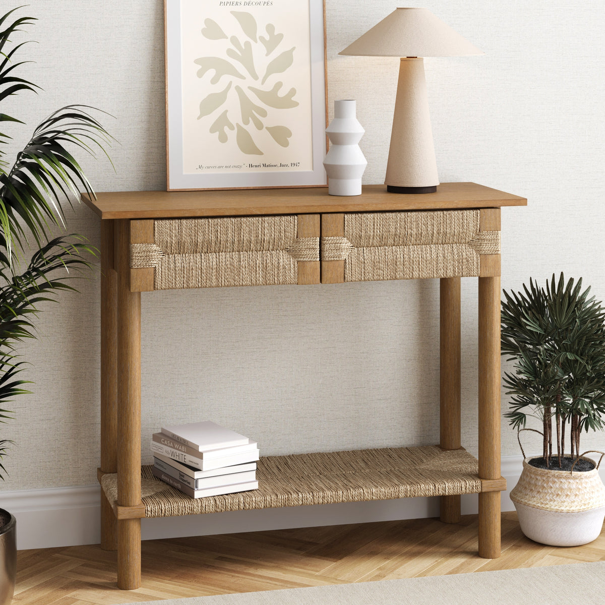 Beacon Boho Seagrass & Wood Light Brown Console Table | Nathan James