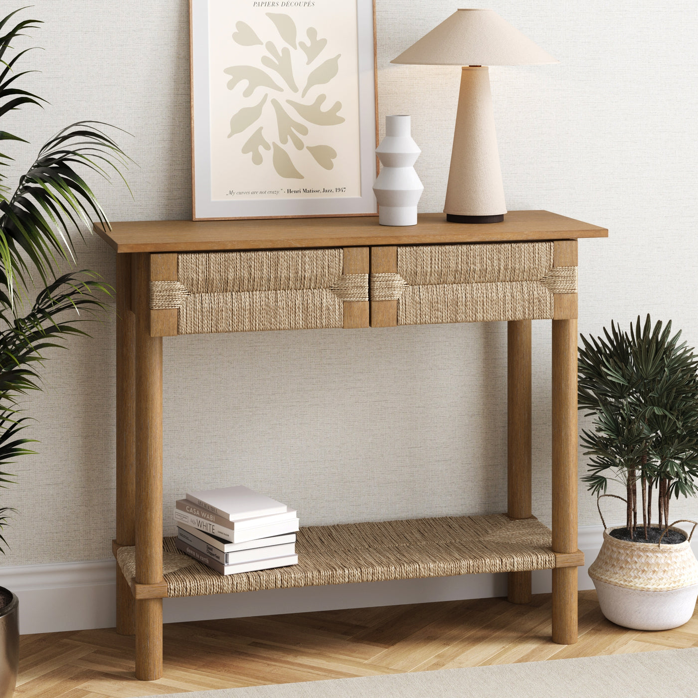 Beacon Boho Seagrass & Wood Light Brown Console Table | Nathan James