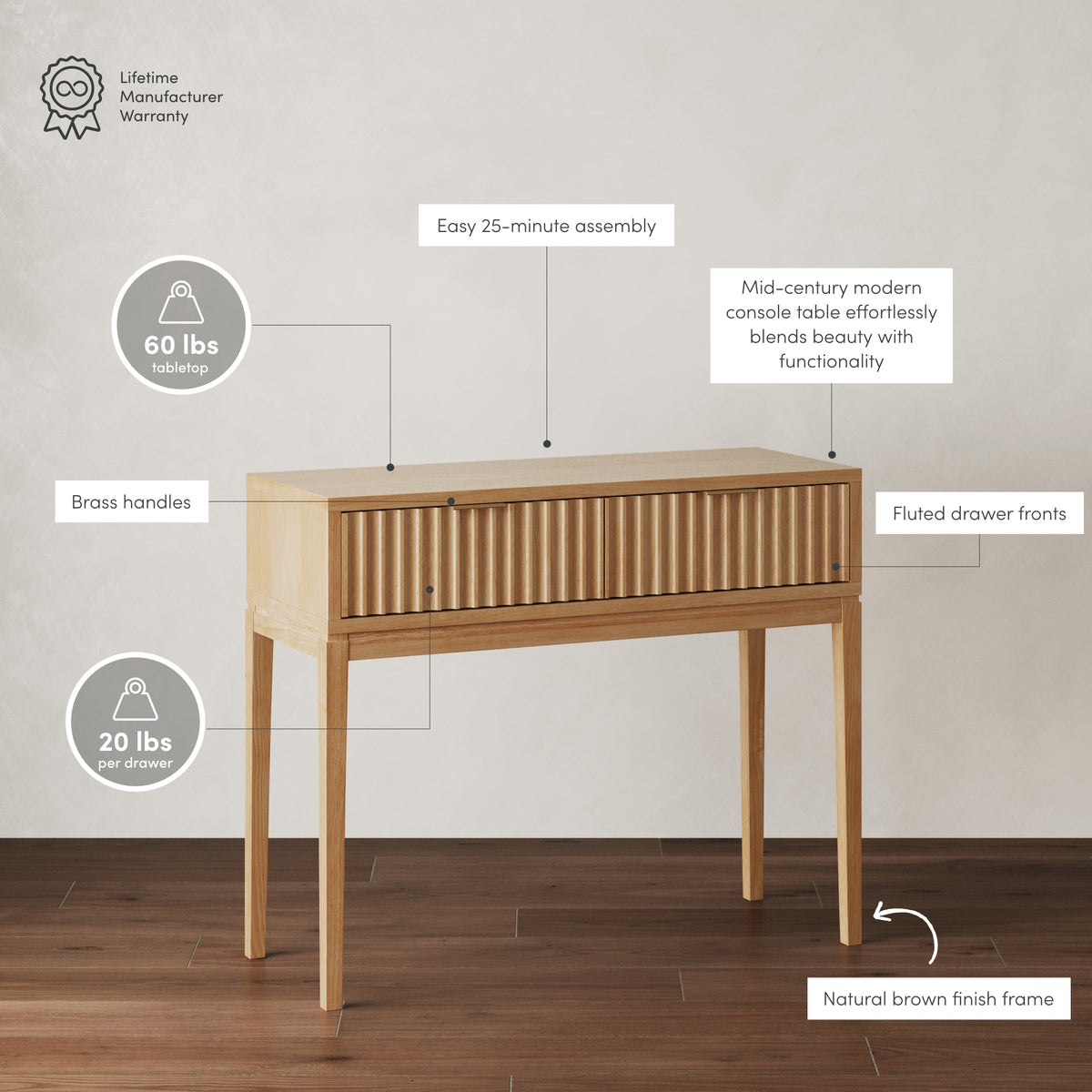 Wood Fluted Storage Console Sofa Table Warm Pine | Nathan James
