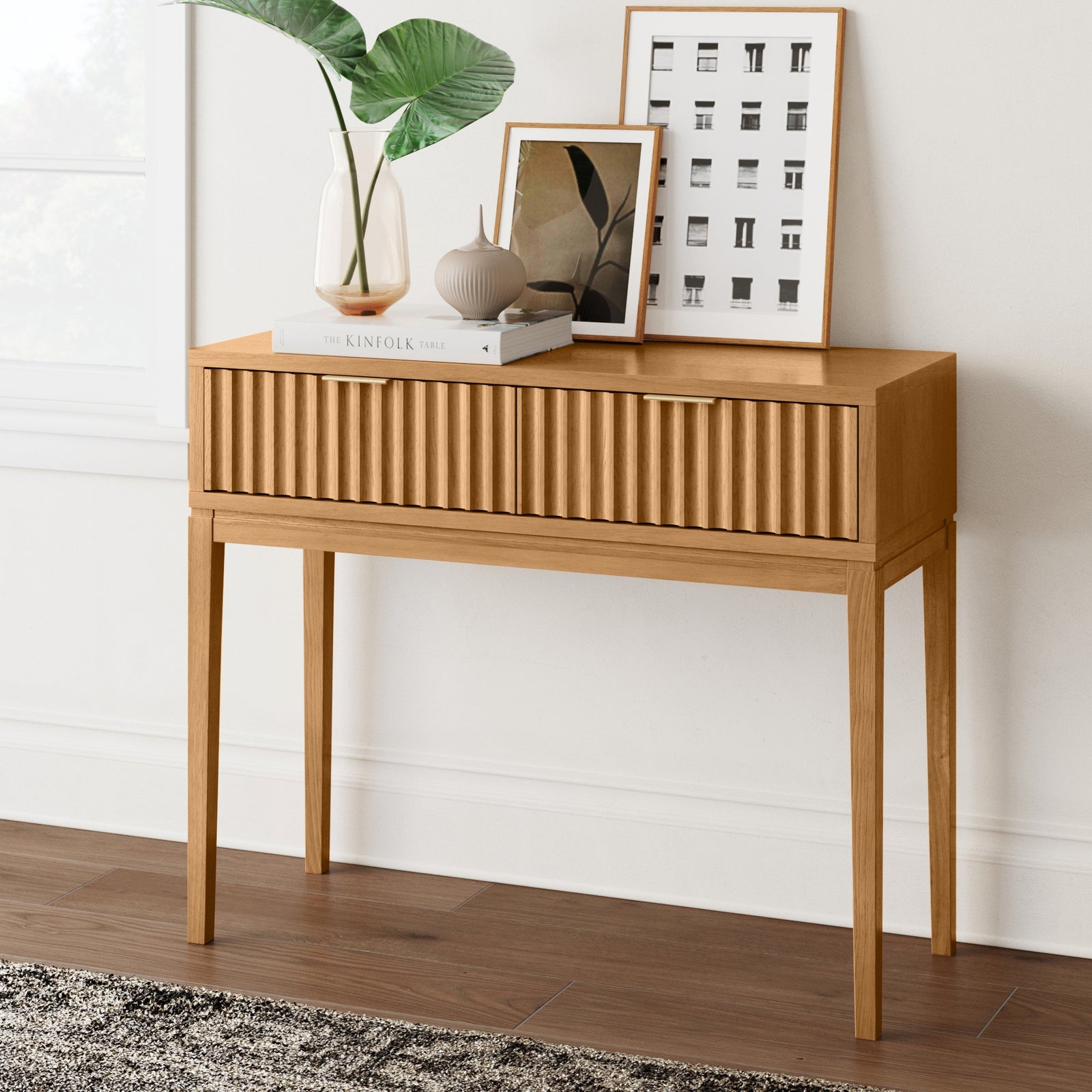 Wood Fluted Storage Console Sofa Table Warm Pine | Nathan James