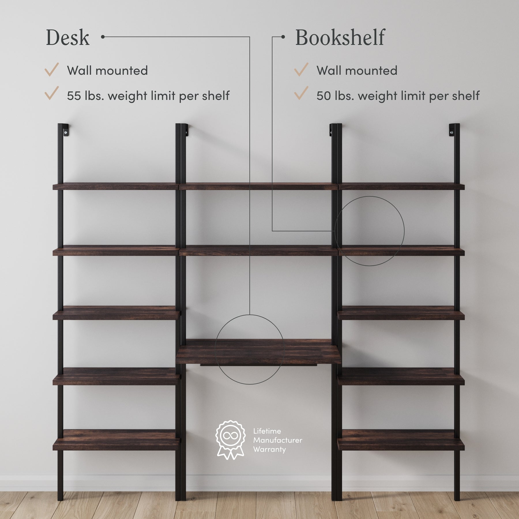 Theo Wood & Metal Wall Mount Office Desk Set Nutmeg | Nathan James