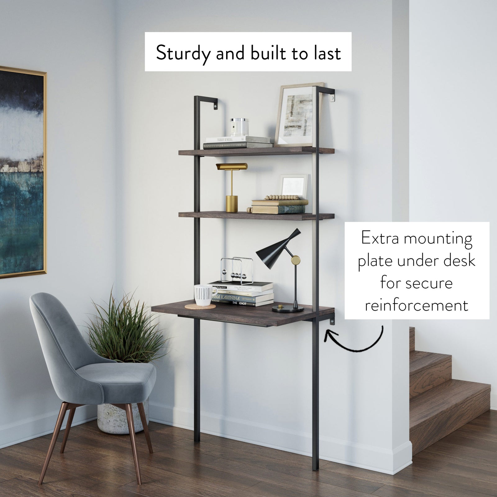 Theo Wall Mount 2-Shelf Ladder & Computer Desk Black | Nathan James