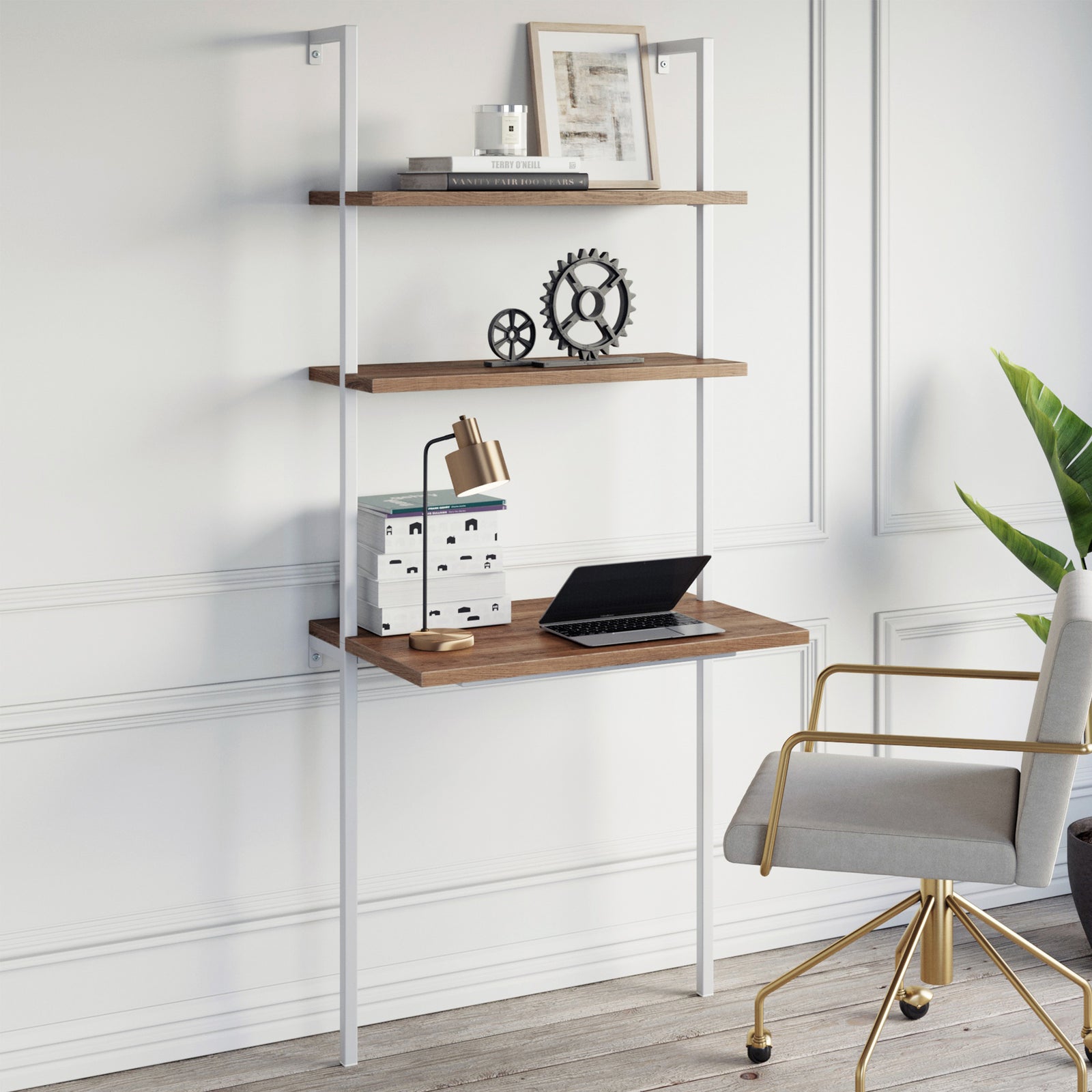 Theo Wall Mount 2-Shelf Ladder & Computer Desk White | Nathan James