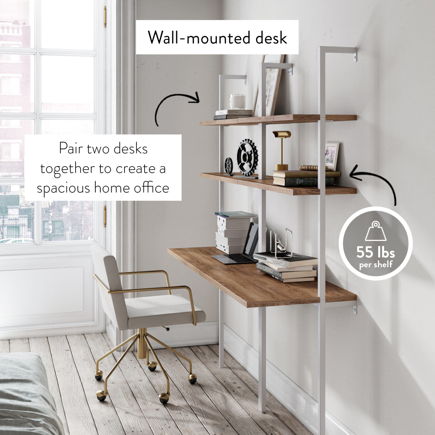 Theo Wall Mount 2-Shelf Ladder & Computer Desk White | Nathan James