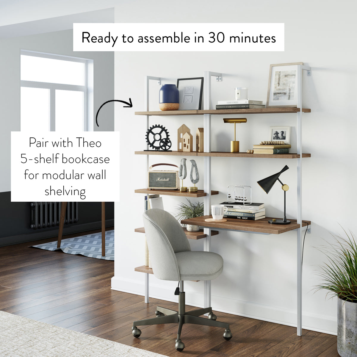 Theo Wall Mount 2-Shelf Ladder & Computer Desk White | Nathan James