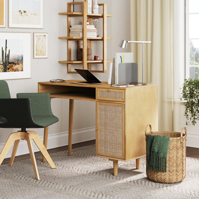 Aaron Solid Wood & Rattan Desk with Bookshelf Wall Unit | Nathan James