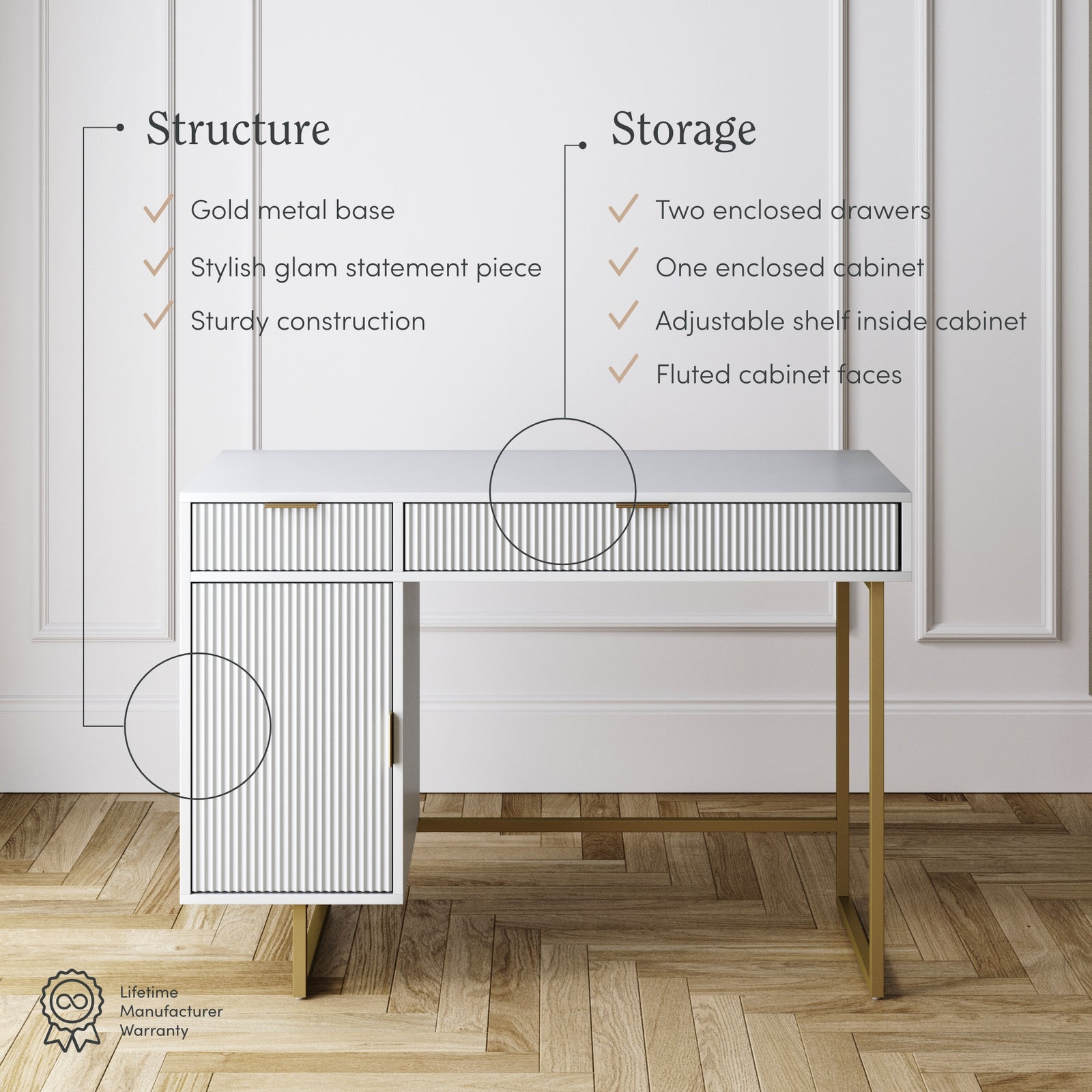 Jacklyn Glam White Wood Fluted Storage Computer Desk | Nathan James