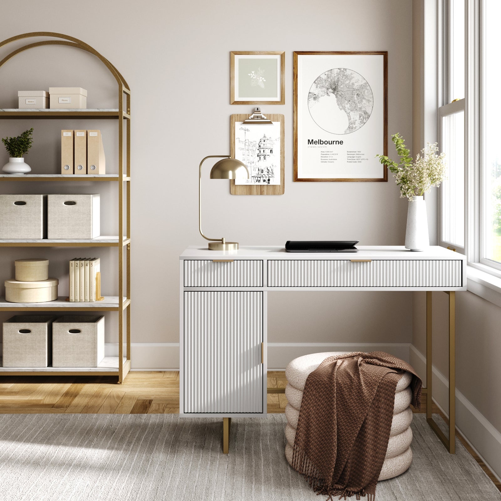 Jacklyn Glam White Wood Fluted Storage Computer Desk | Nathan James