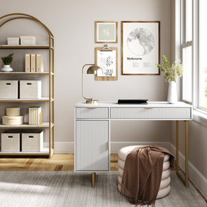 Jacklyn Glam White Wood Fluted Storage Computer Desk | Nathan James