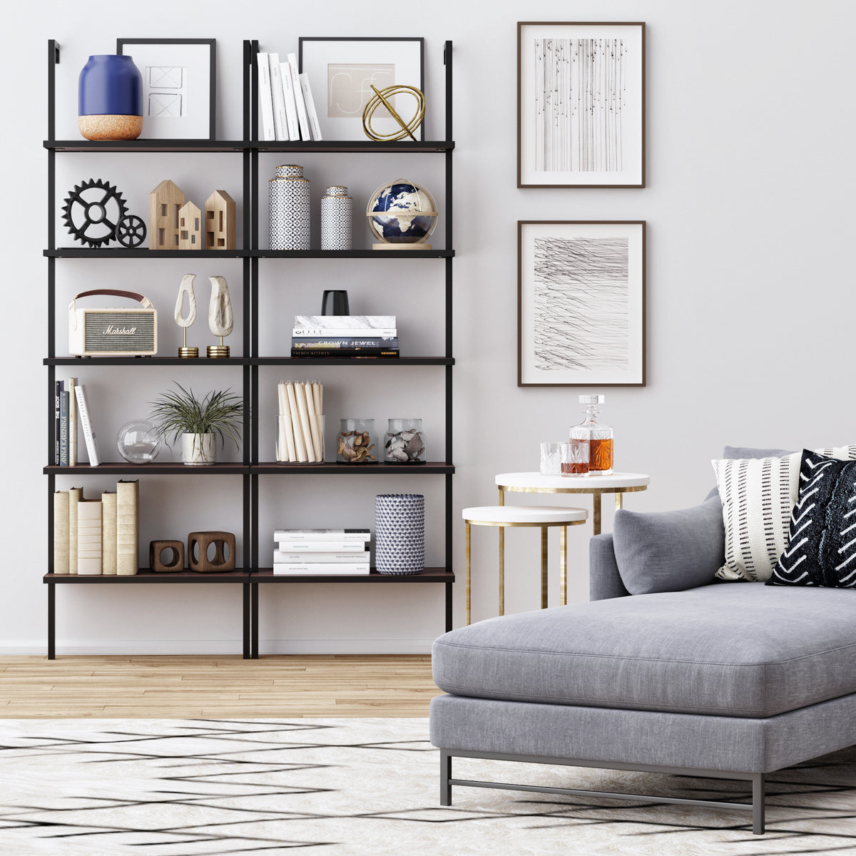 Theo Bookshelf Walnut Matte Black 5-Shelf Ladder | Nathan James