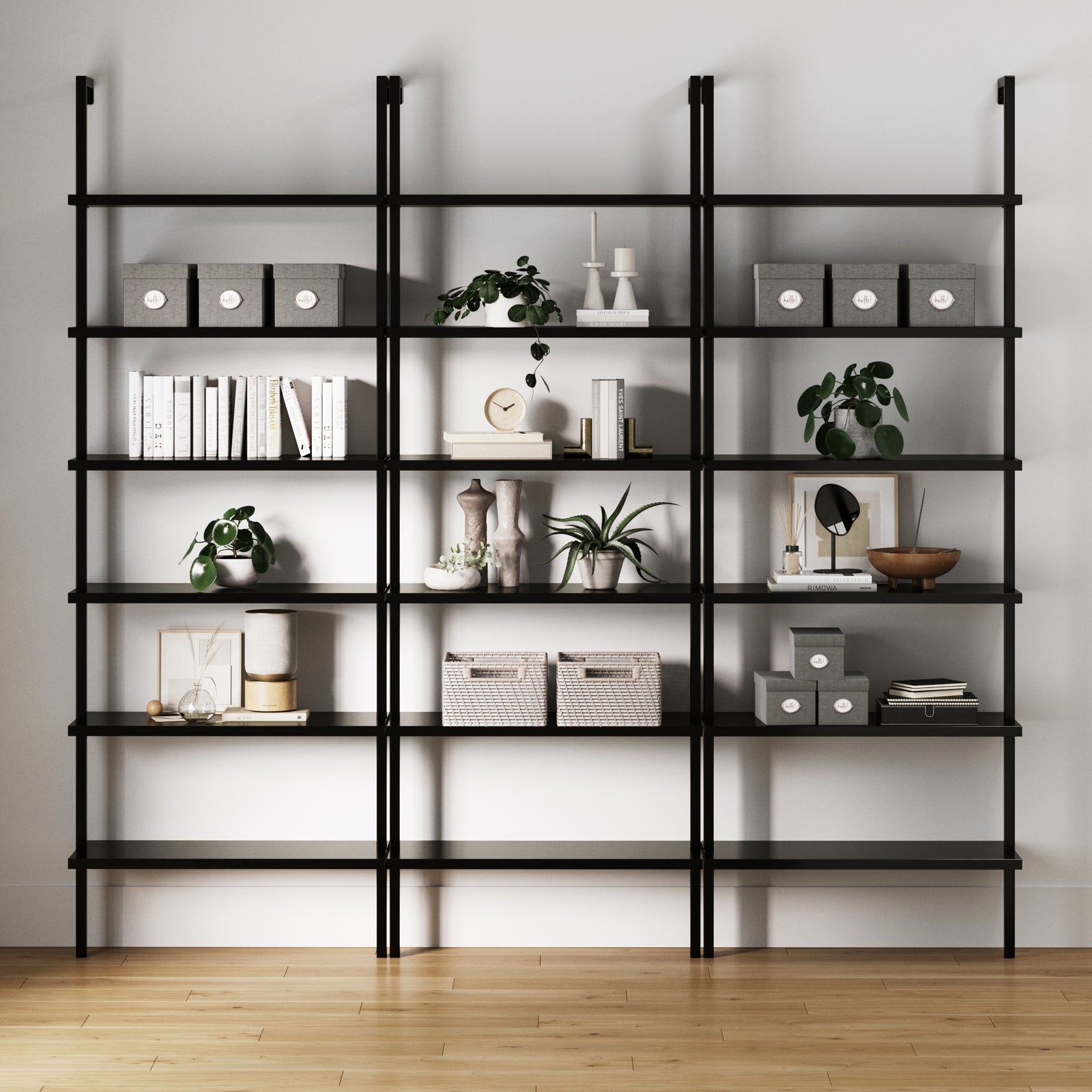 6-Shelf Wood Wall Mount Black Ladder Bookshelf Set of 3 | Nathan James