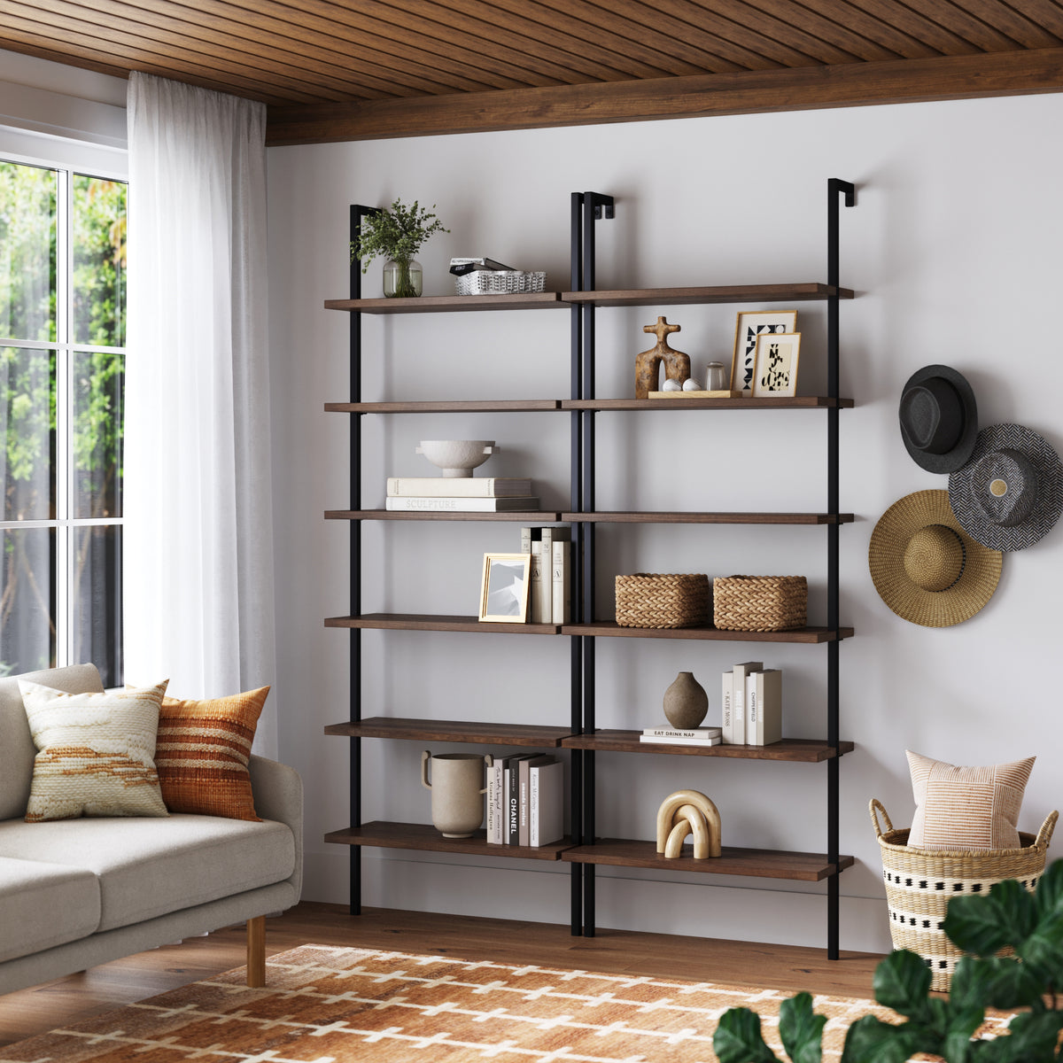 Theo 6-Shelf Bookshelf Oak Matte Black Set of 2 | Nathan James