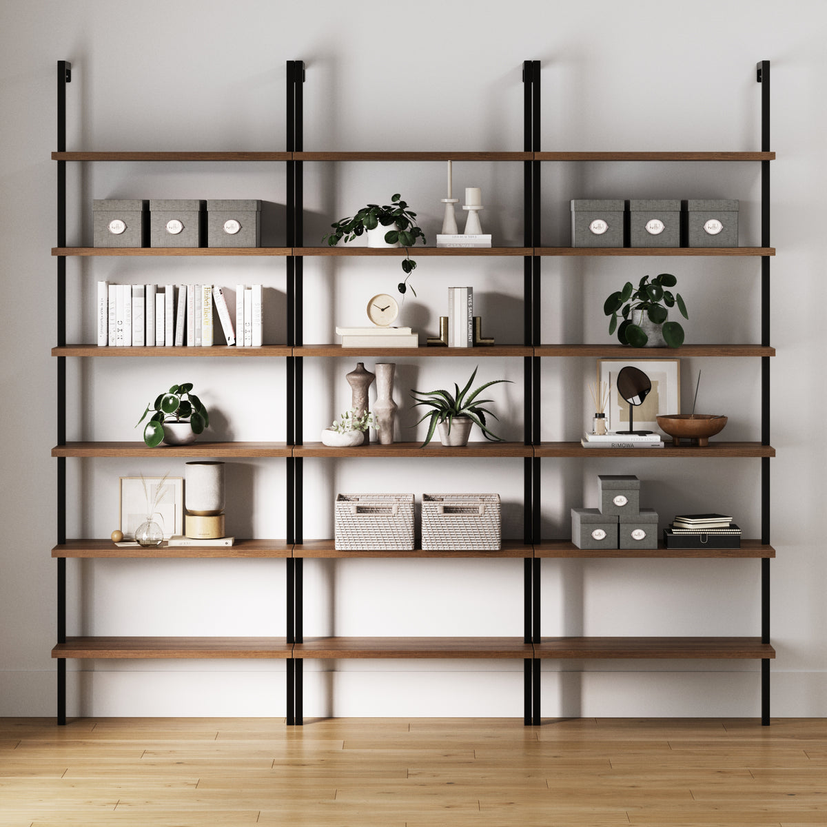 Theo 6-Shelf Bookshelf Oak Matte Black Set of 3 | Nathan James