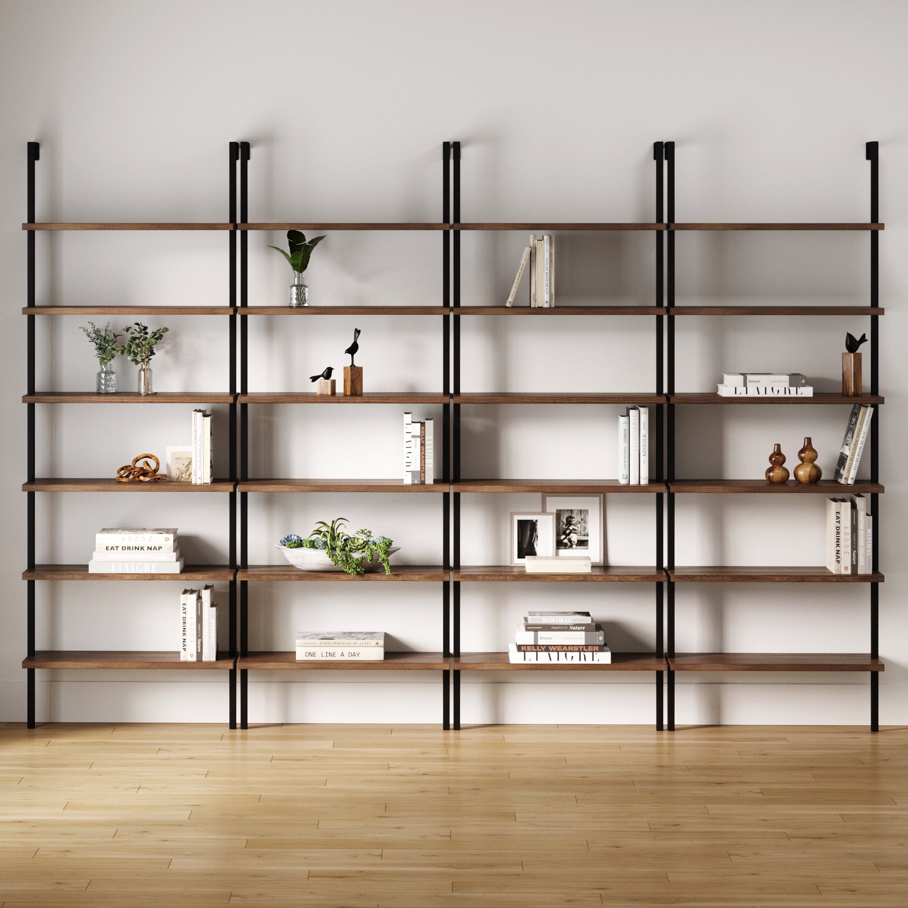 Theo 6-Shelf Bookshelf Oak Matte Black Set of 4 | Nathan James