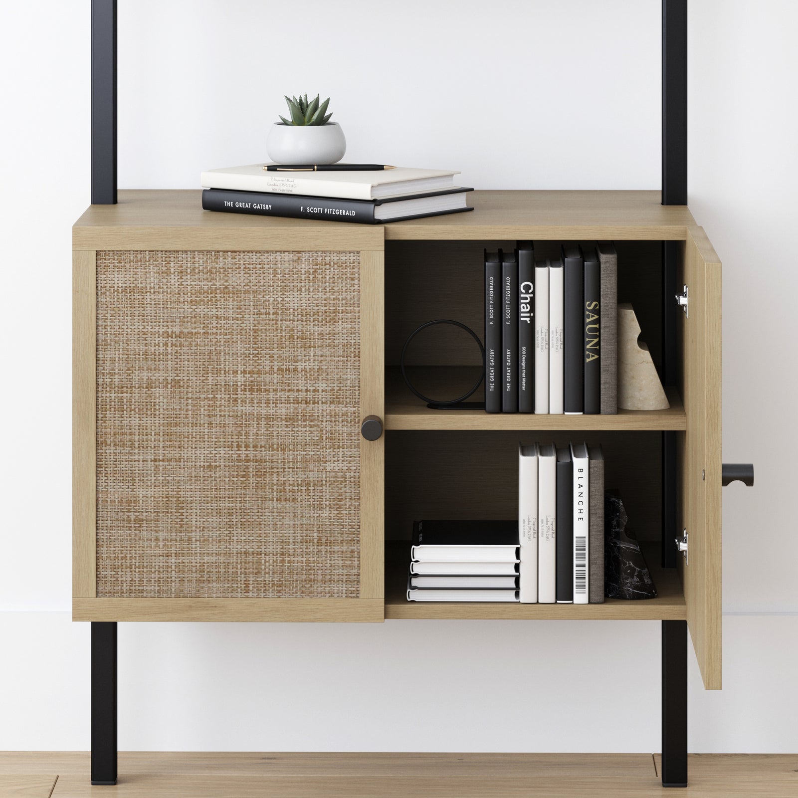 Theo Rattan Wood Bookshelf with Cabinet Storage | Nathan James