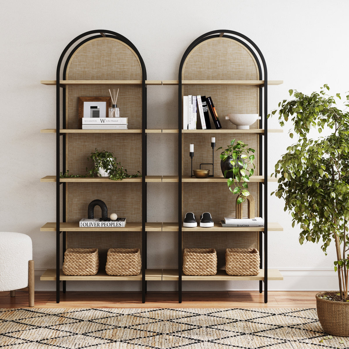 Boho Rattan & Wood Arched 5-Shelf Etagere Bookshelf | Nathan James