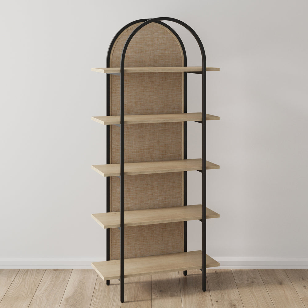 Boho Rattan & Wood Arched 5-Shelf Etagere Bookshelf | Nathan James