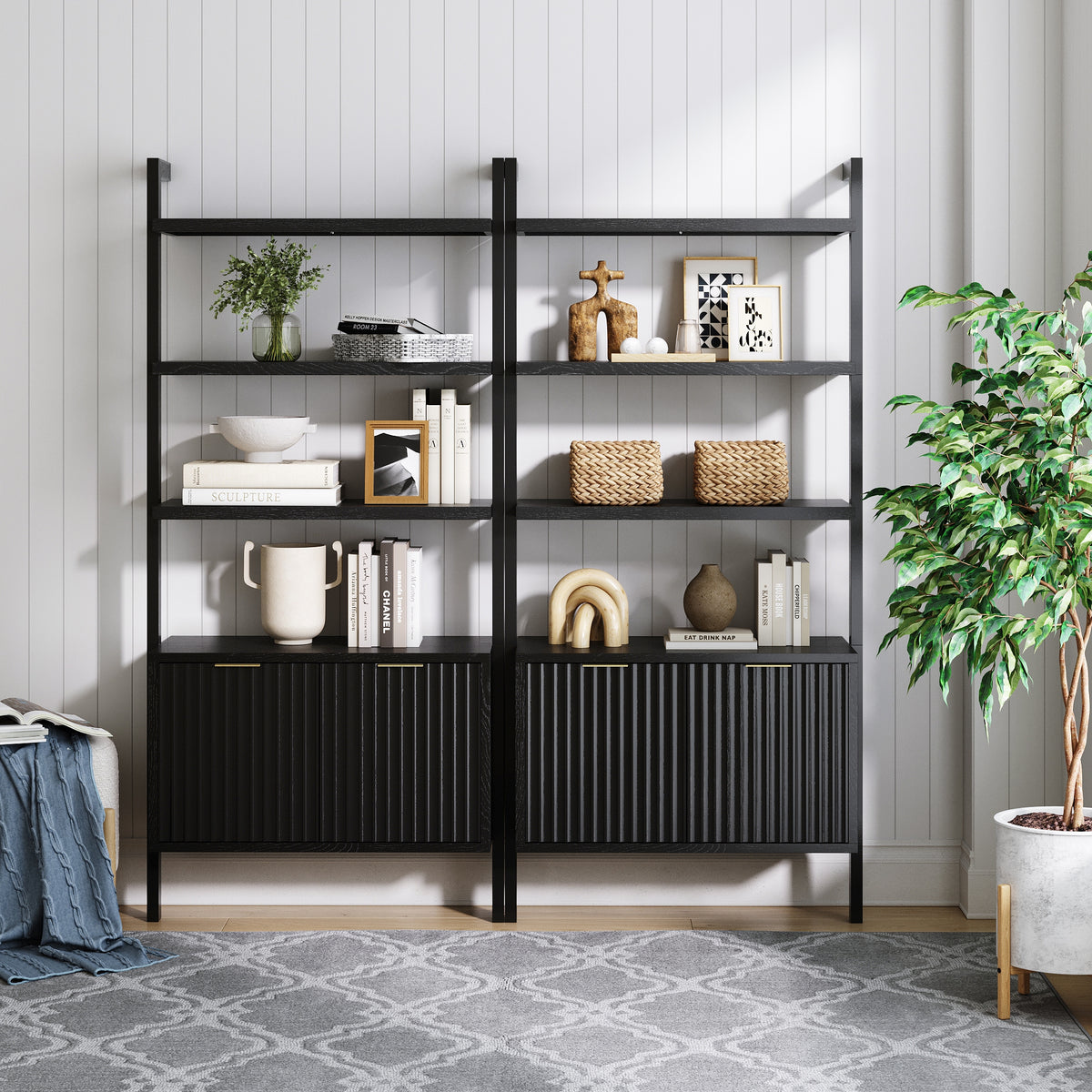 Jasper Mid-Century Bookshelf with Doors Black Set of 2 | Nathan James