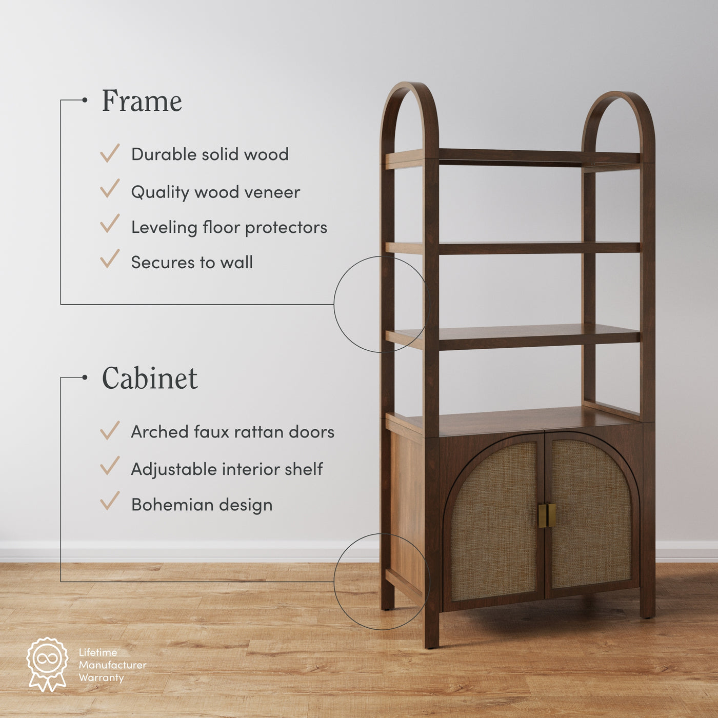 Paxton Arched Door Rattan Bookshelf Dark Acacia | Nathan James