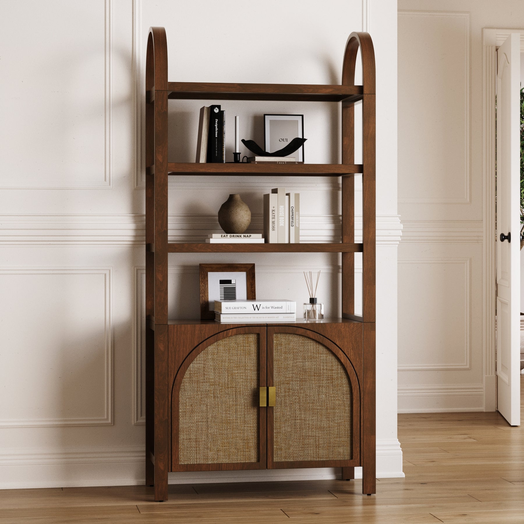 Paxton Arched Door Rattan Bookshelf Dark Acacia | Nathan James