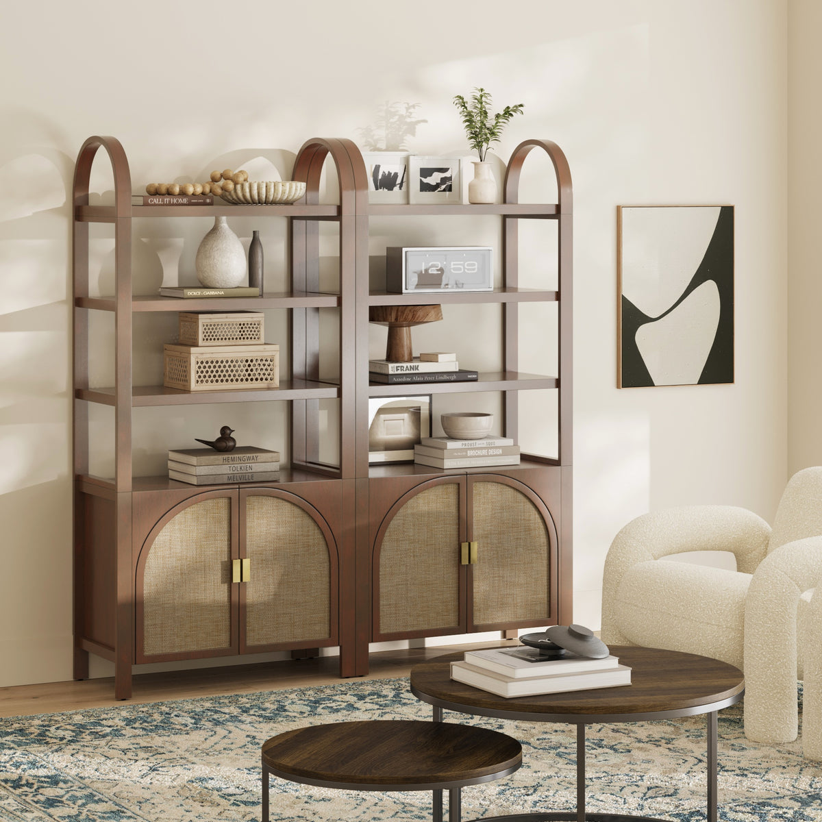 Paxton Arched Door Rattan Bookshelf Dark Acacia | Nathan James