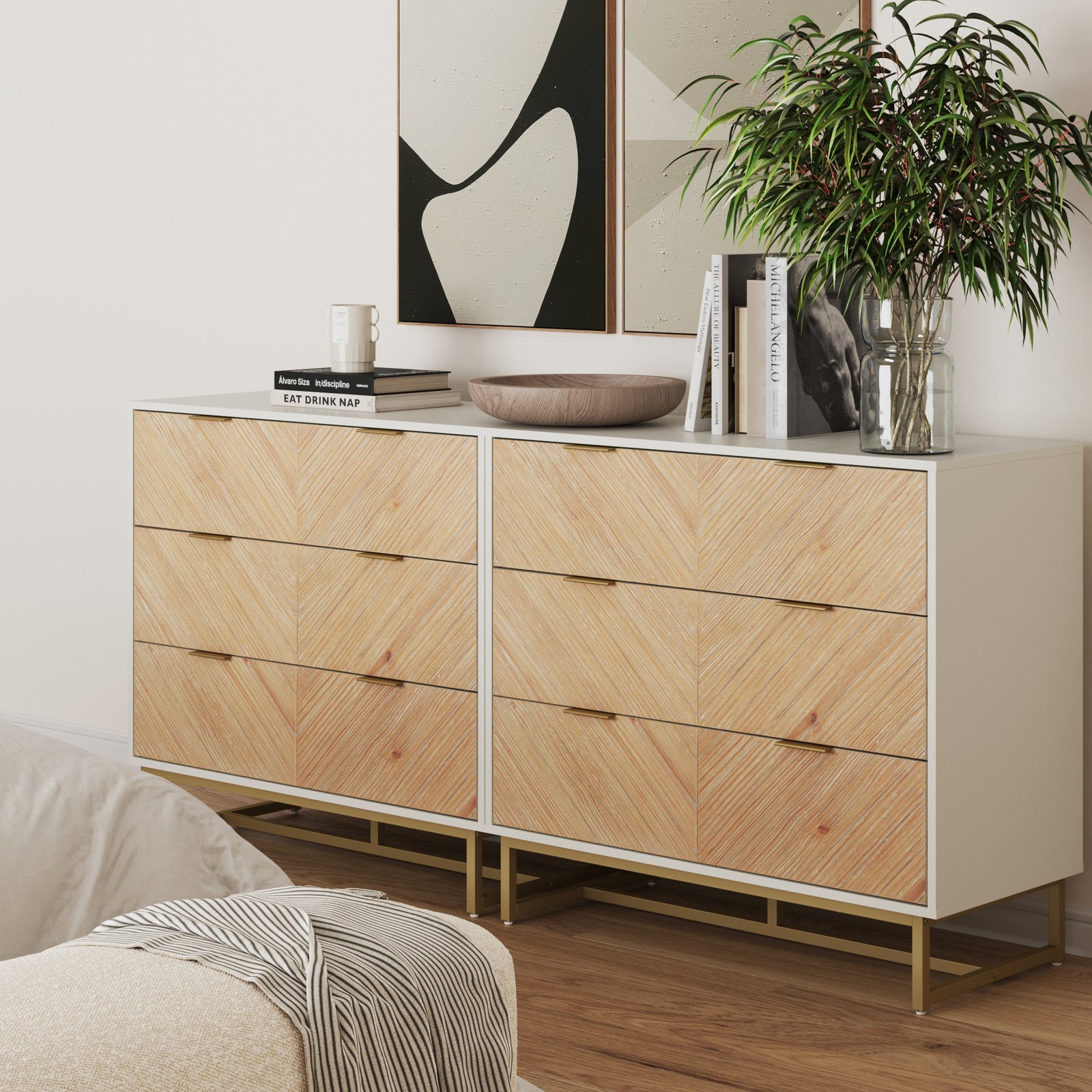 Enloe Boho Herringbone 3-Drawer Dresser White | Nathan James