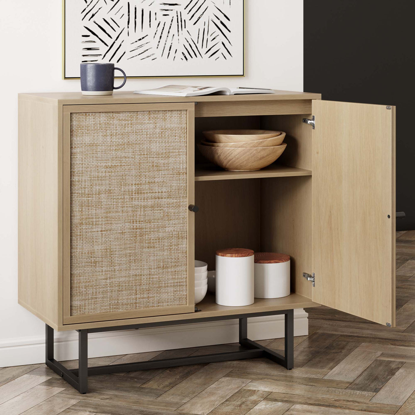 Kova Boho Rattan Wood Sideboard Cabinet Metal Base | Nathan James