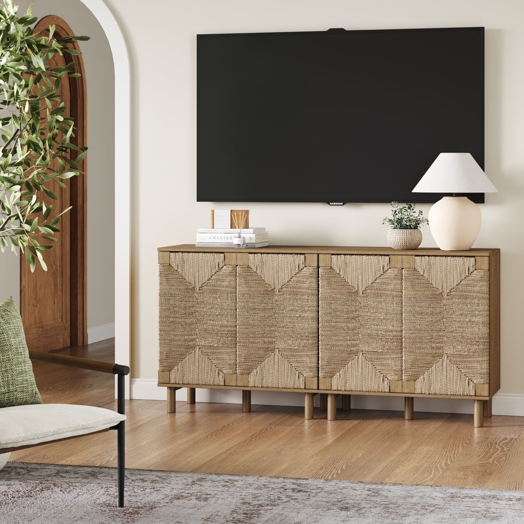 Beacon Wood Set of 2 Brown Sideboards & Seagrass Doors | Nathan James