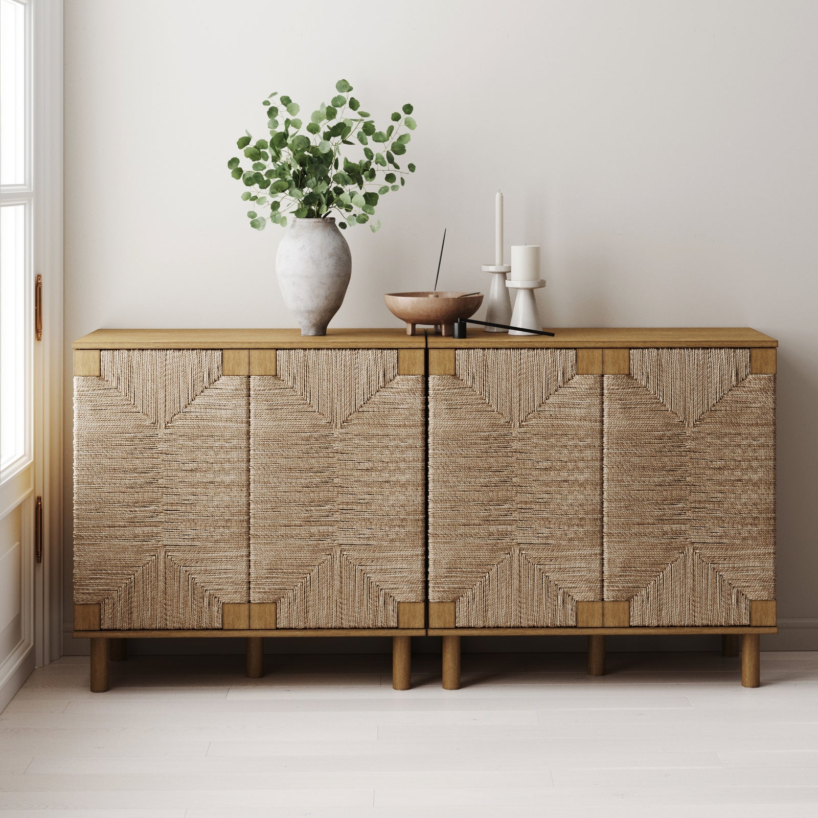 Beacon Wood Set of 2 Brown Sideboards & Seagrass Doors | Nathan James