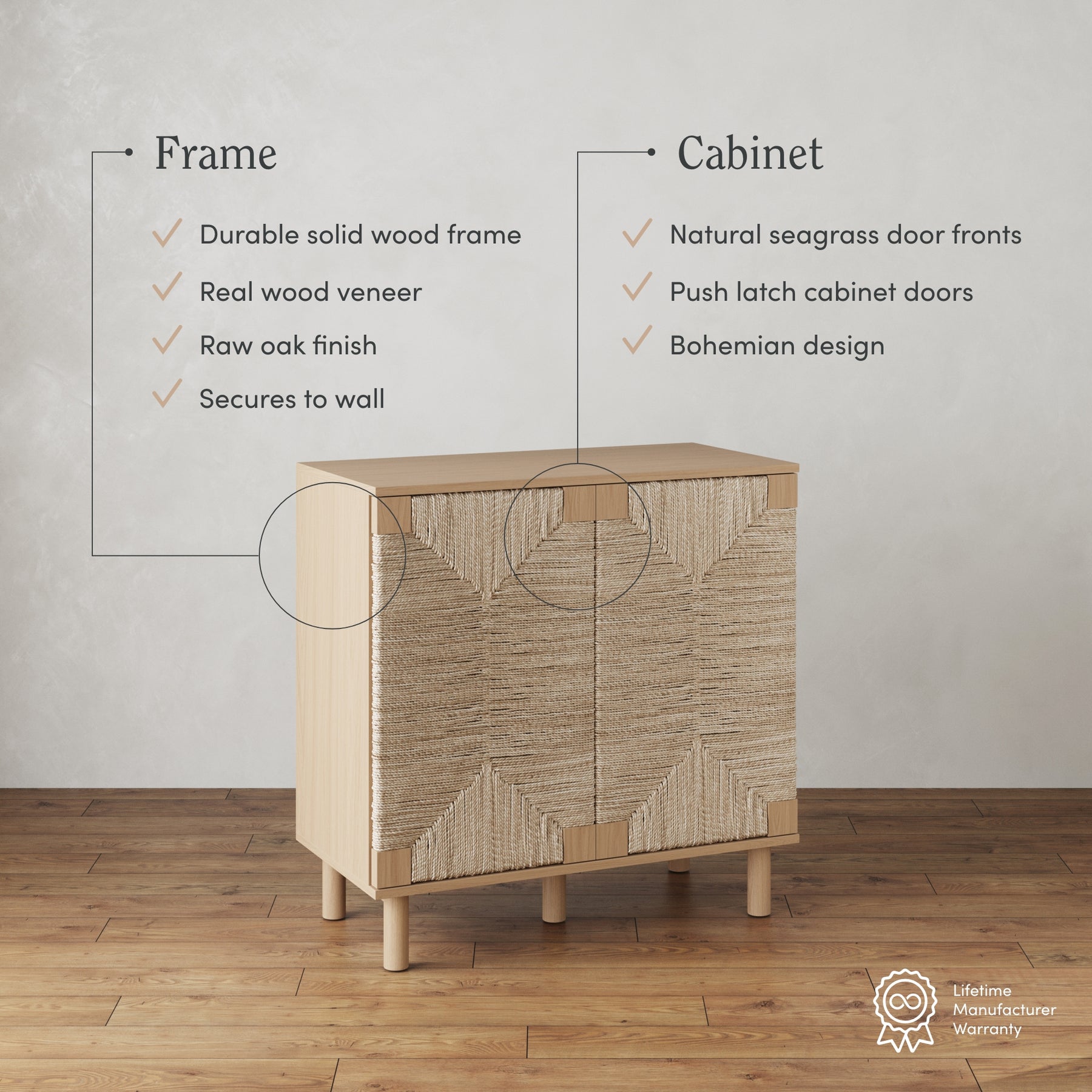 Beacon Wood & Seagrass Storage Cabinet Raw Oak | Nathan James