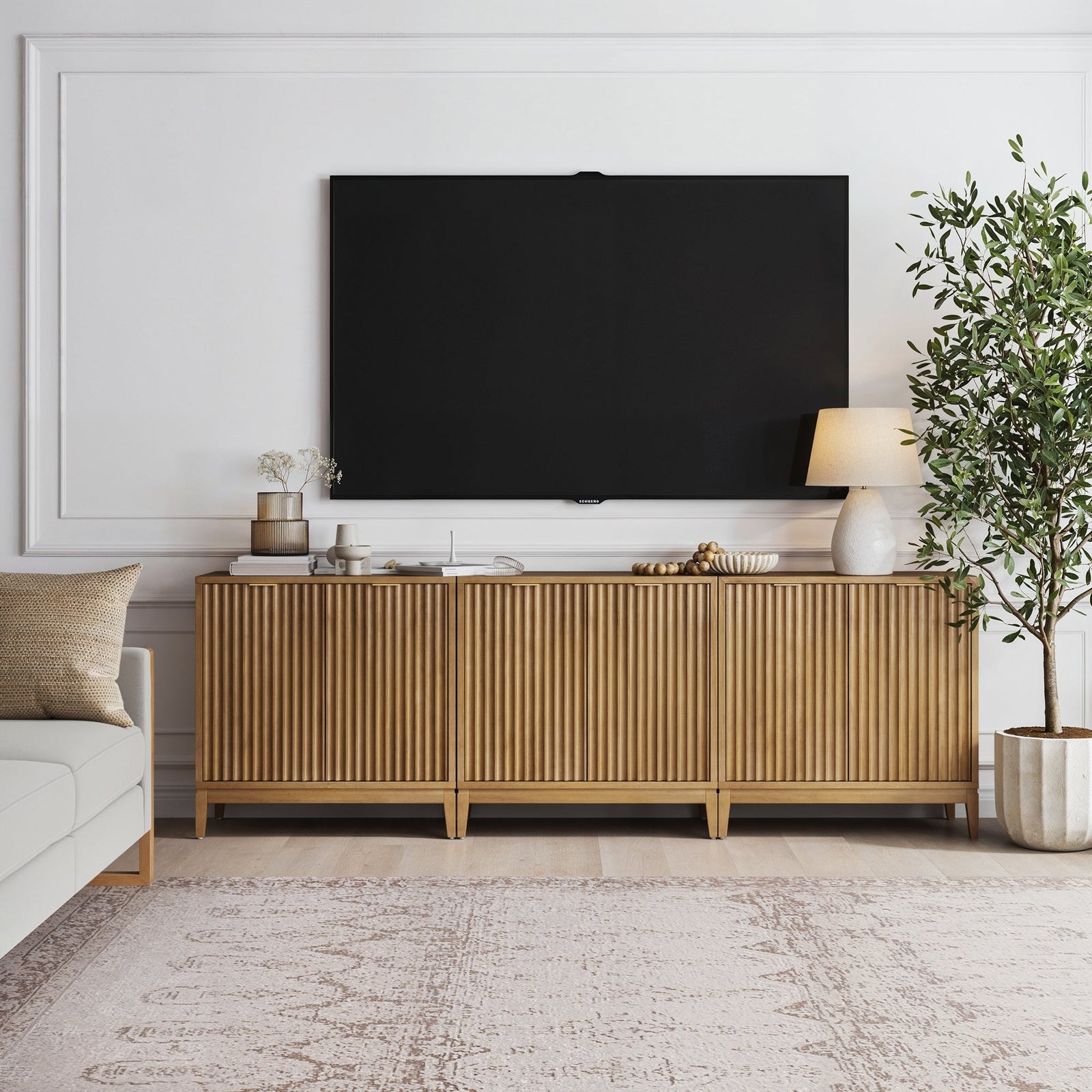 Jasper TV Console Fluted Wood for 75" TVs Light Brown | Nathan James