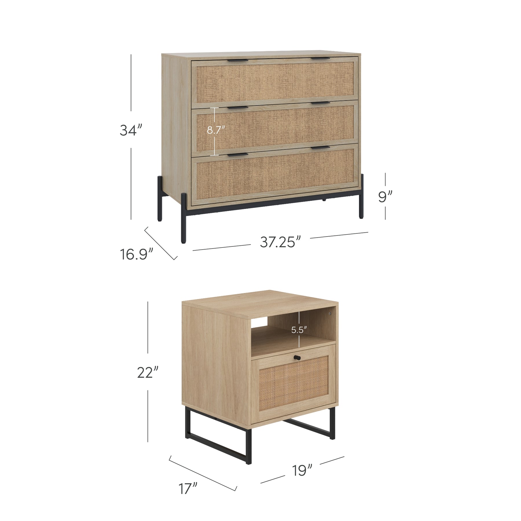 Andrew Mina Rattan Cane Dresser Nightstand Bedroom Set | Nathan James