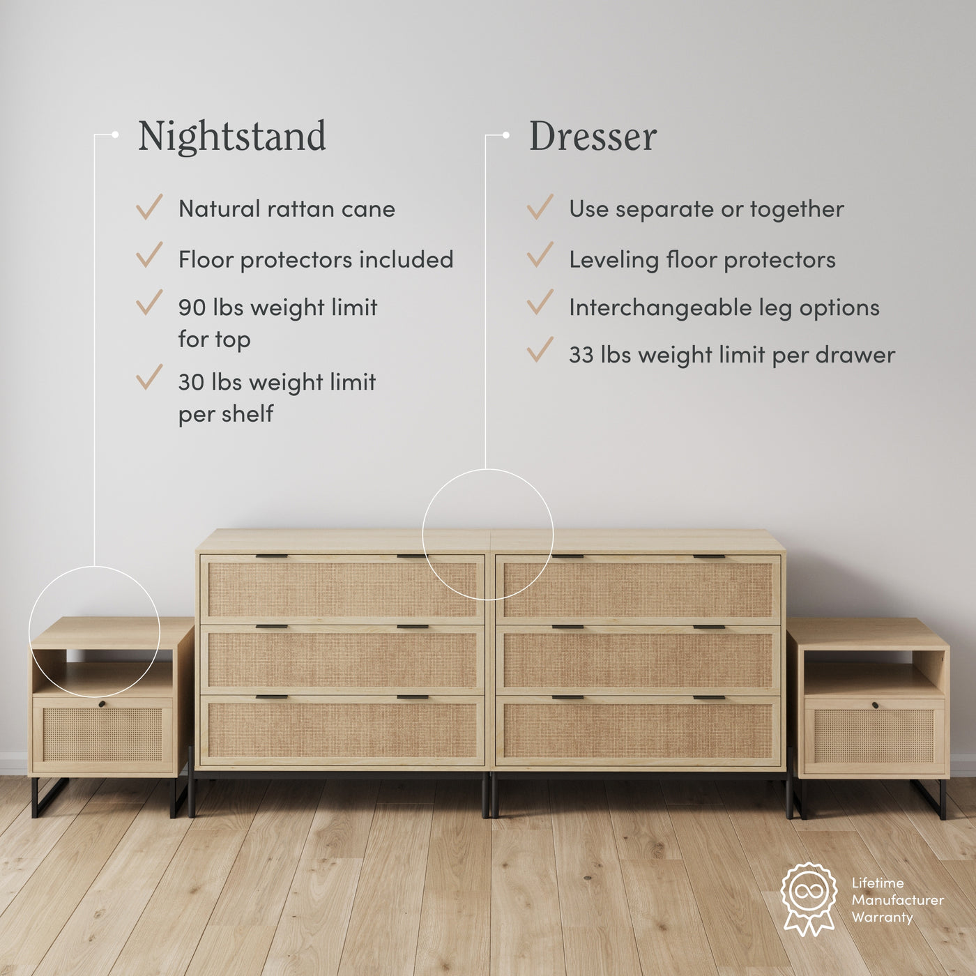 Andrew Mina Rattan Cane Dresser Nightstand Bedroom Set | Nathan James