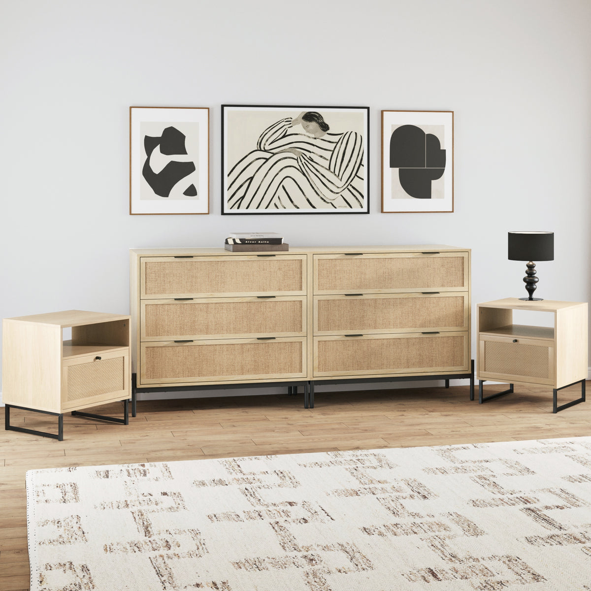 Andrew Mina Rattan Cane Dresser Nightstand Bedroom Set | Nathan James