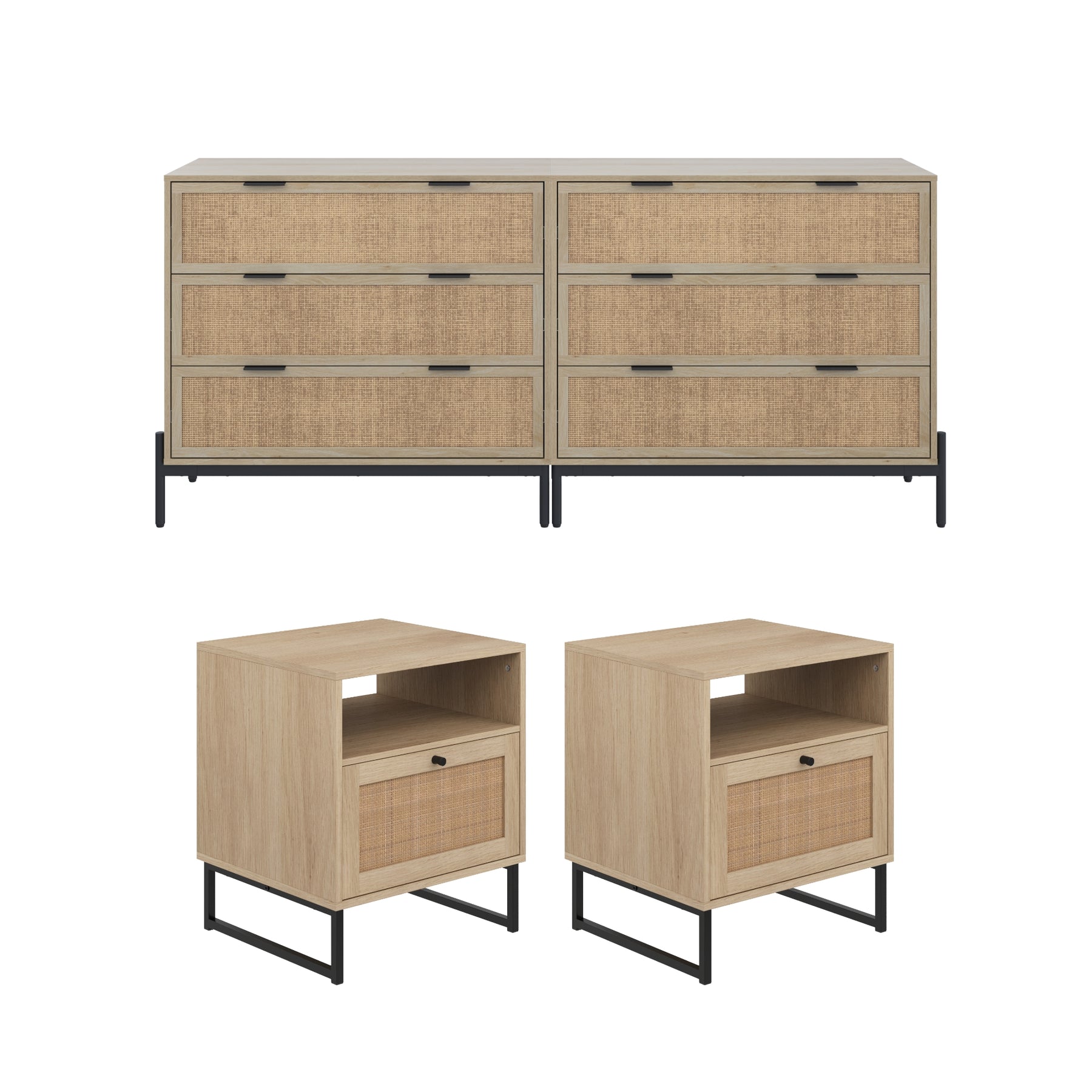 Andrew Mina Rattan Cane Dresser Nightstand Bedroom Set | Nathan James