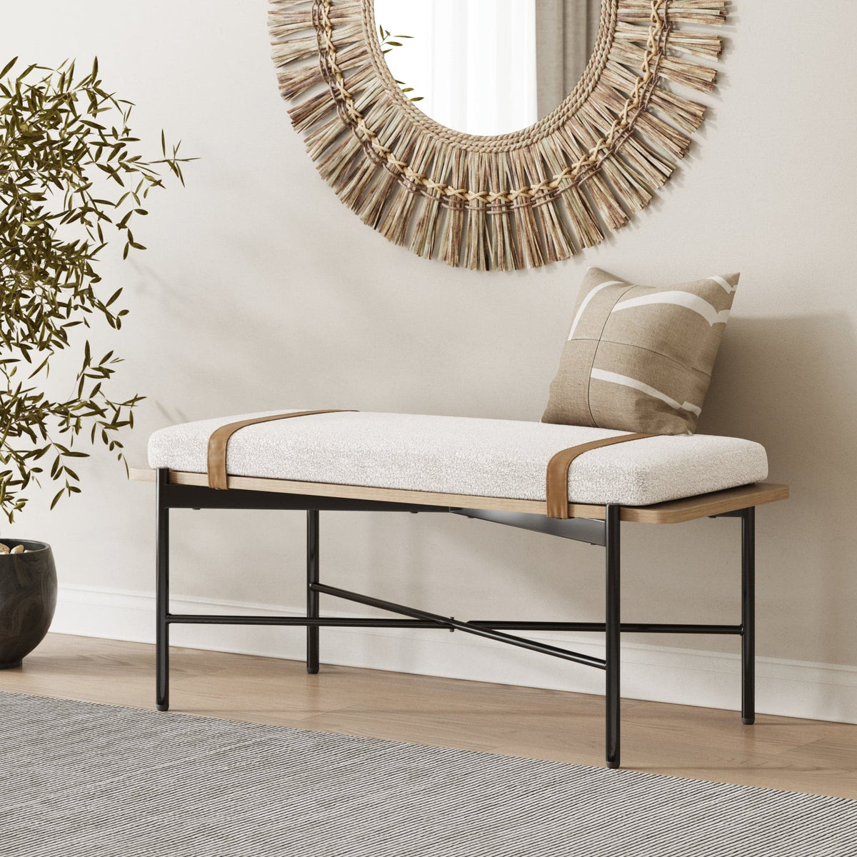 Thatcher Modern White Boucle and Oak Upholstered Bench | Nathan James
