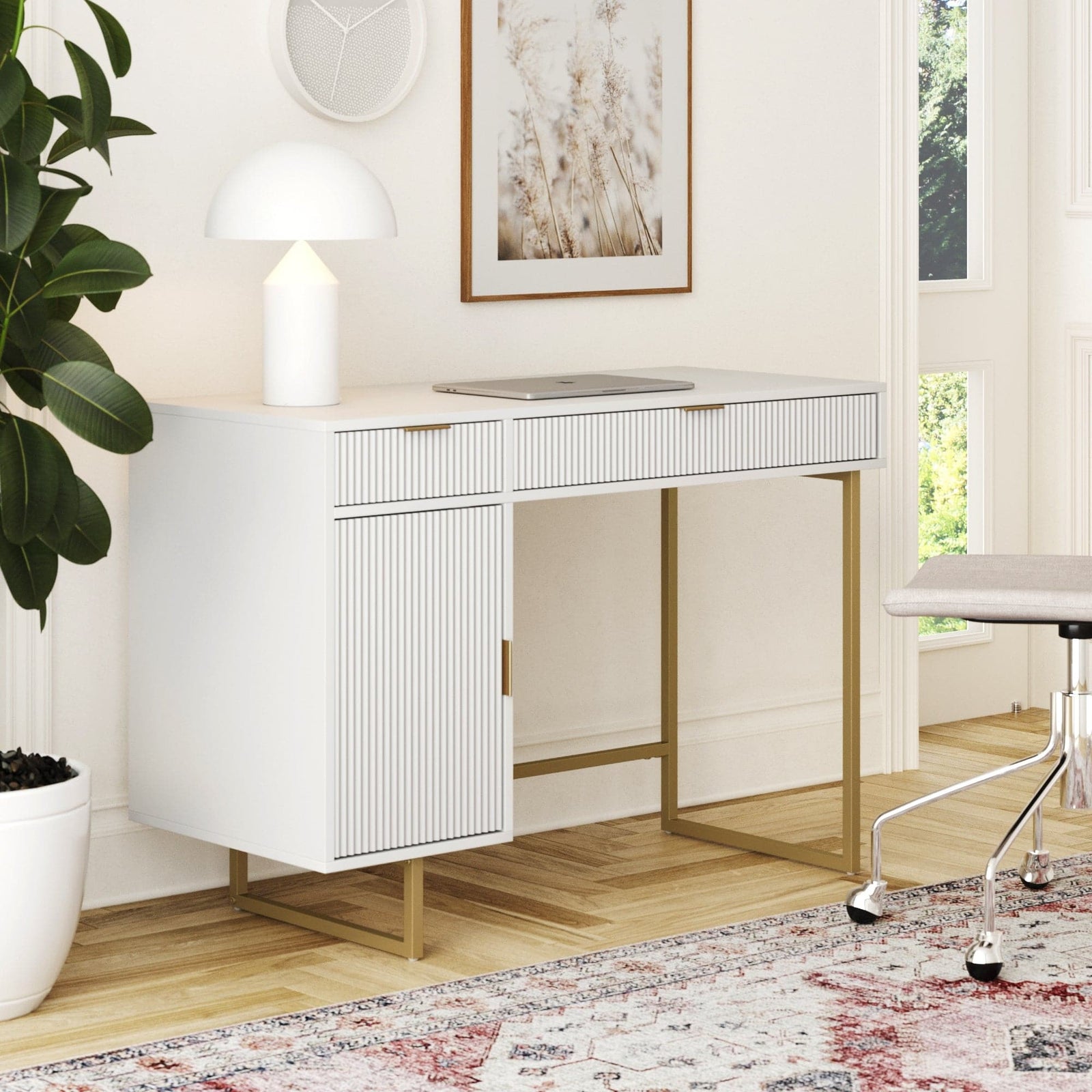 Jacklyn Glam White Wood Fluted Storage Computer Desk | Nathan James