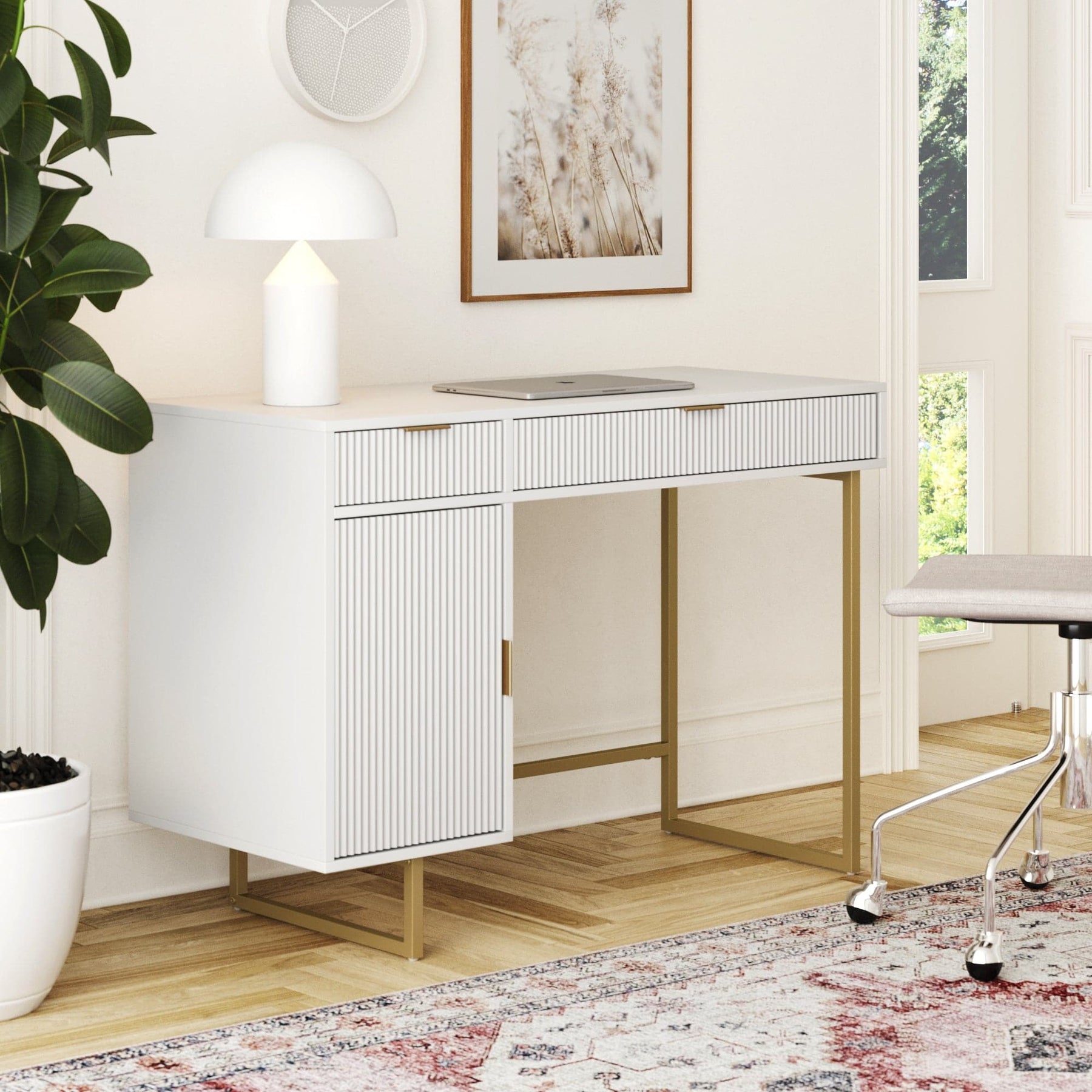 Jacklyn Glam White Wood Fluted Storage Computer Desk | Nathan James