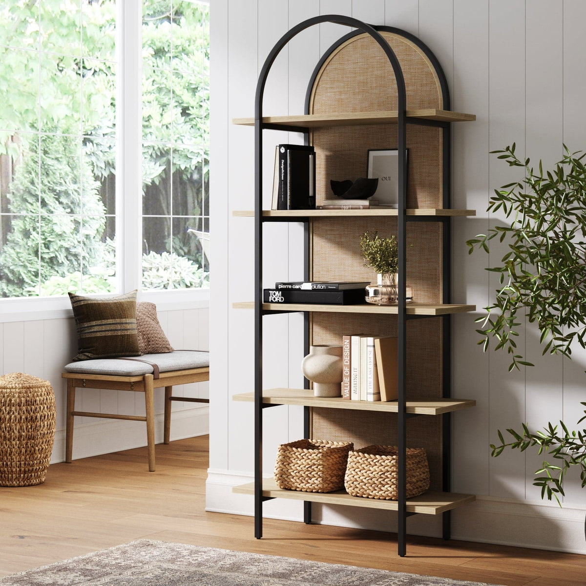 Boho Rattan & Wood Arched 5-Shelf Etagere Bookshelf | Nathan James